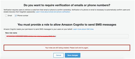 Amazon Web Services AWS Cognito SMS Role Cannot Create Or Assign A