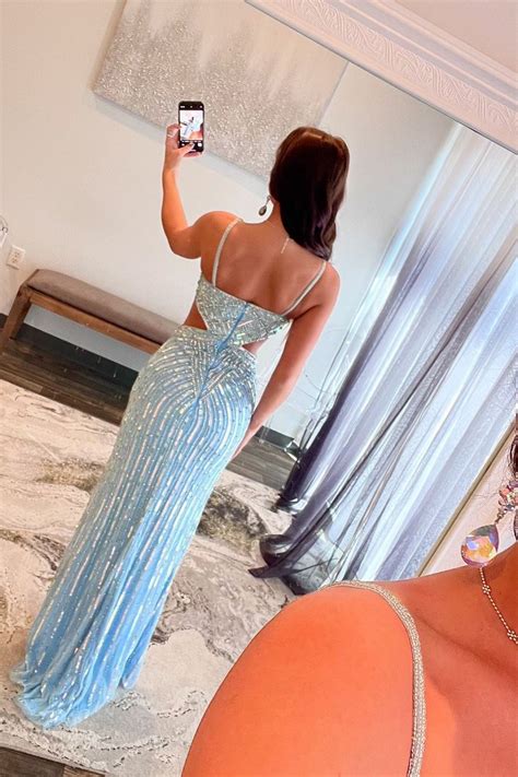 Mermaid V Neck Light Blue Beaded Slit Prom Dresses Luladress