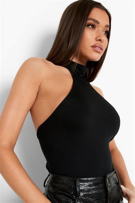 Womens Black Double Layer Slinky High Neck Bodysuit Boohoo Uk
