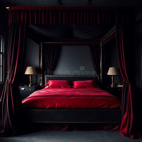 A Four Poster Canopy Bed In A Dark Moody Bedroom With Rich Deep Red