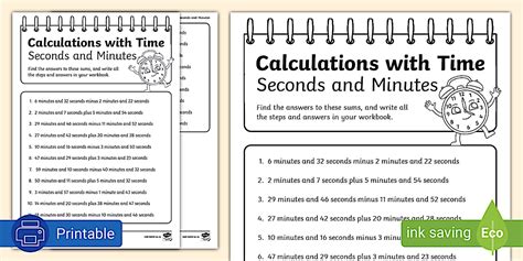 Calculations With Time Seconds And Minutes Activity Sheet