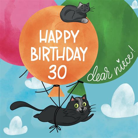 Flying Black Cat Happy 30th Birthday Niece Confetti Exploding Greeting