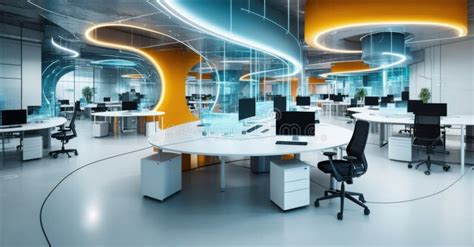 Futuristic Office With Neon Ceiling Open Workspace Sleek Desks Ergonomic Chairs Digital