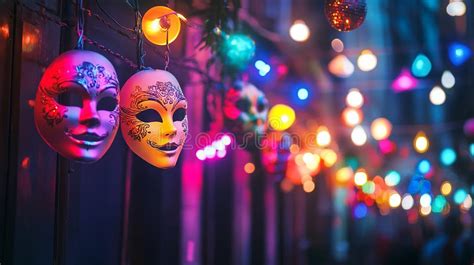 mardi gras row of colorful masks hanging from a lighted string the