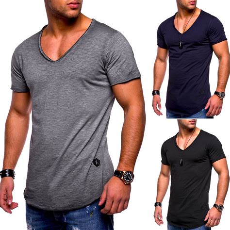 New Fashion Men Summer T Shirt V Neck Casual Top High Street Solid