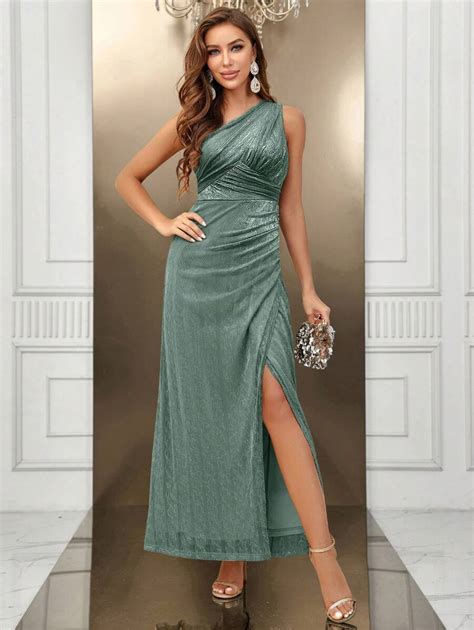 Shein Belle Womens Summer Single Shoulder Waist Tied Slit Dress Semi