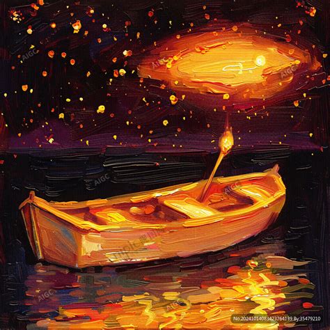 Ai创作图小船河灯 小船游玩放灯 插画小船 暖色小船 月亮船插画 河道小舟夜景 孤舟插画 插画夜景湖泊 星月河幻想插画 飘摇的小船 小船艺术画