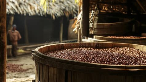 Cocoa Bean Fermentation Process In Wooden Boxes With Farmers Gently