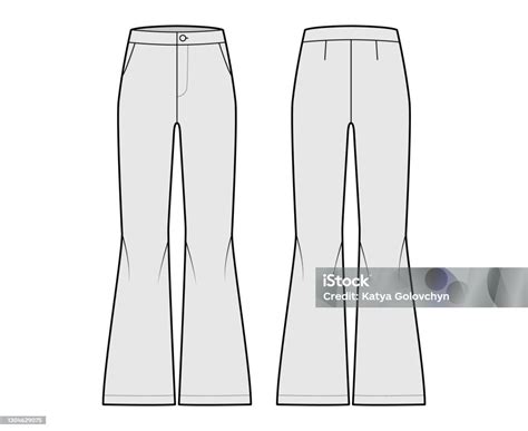 바지 벨 바닥 기술 패션 일러스트 와 일반 허리 하이 라이즈 경사 포켓 넓은 다리 전체 길이 0명에 대한 스톡 벡터 아트 및 기타 이미지 Istock