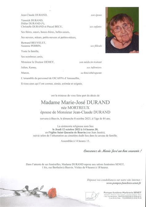 Avis De Décès De Marie José Durand Pompes Funèbres Senet