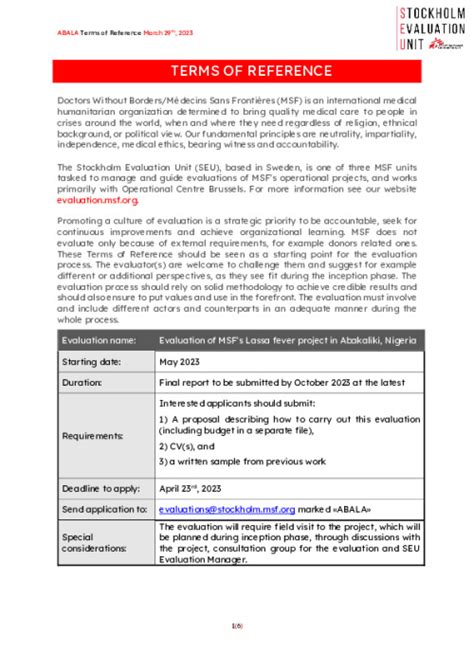Call For Proposal Evaluation Of Msfs Lassa Fever Project In Abakaliki