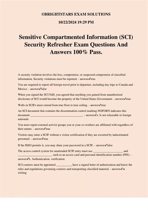 Sensitive Compartmented Information Sci Security Refresher Exam Questions And Answers 100