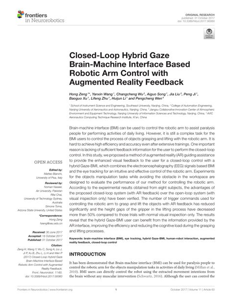 Pdf Closed Loop Hybrid Gaze Brain Machine Interface Based Robotic Arm Control With Augmented