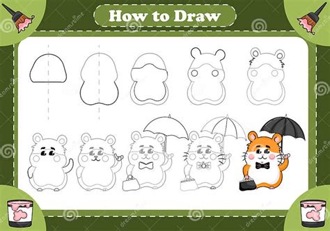 Step By Step Guide How To Draw Hamster Gentleman Holding Umbrella Stock Vector Illustration Of