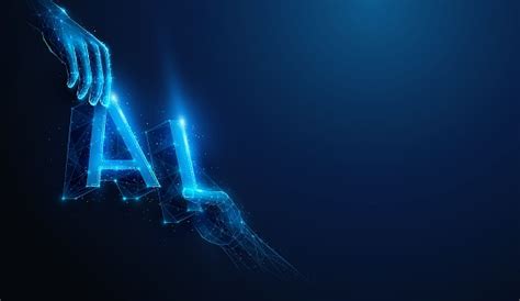 Ai 3d 문자에 접근하는 낮은 폴리 손의 추상 그림 인공 지능 기술 연구 및 개발을 묘사한 파란색 기하학적 배경 와이어프레임