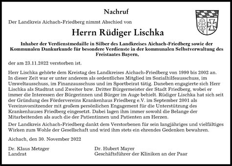 Traueranzeigen Von R Diger Lischka Augsburger Allgemeine Zeitung