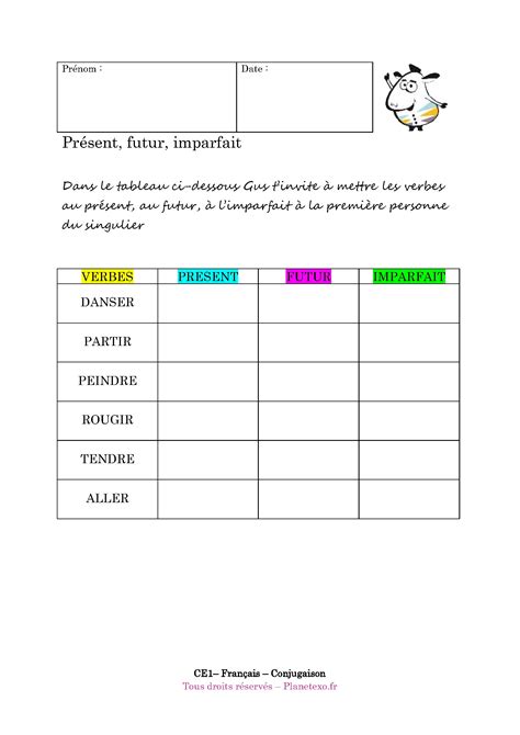 Exercice Corrigé Pour Le Ce1 Présent Futur Imparfait