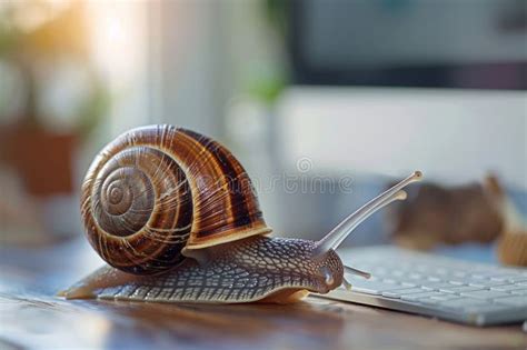 Snail On Laptop Computer Keyboard Concept Of Slow Internet Or Work
