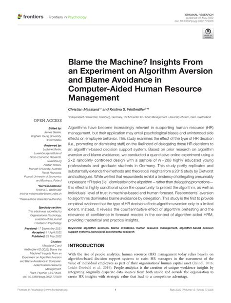 Pdf Blame The Machine Insights From An Experiment On Algorithm Aversion And Blame Avoidance
