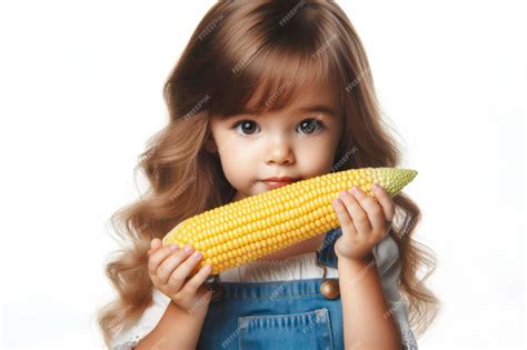 Niña Pequeña Comiendo Maíz Aislada En Fondo Blanco Ai Generativo Foto