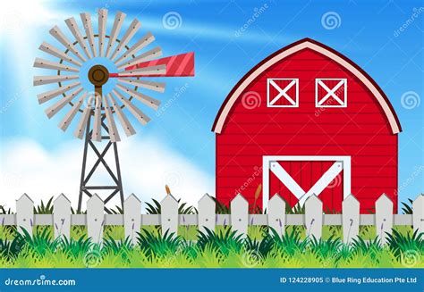 Farm Scene With Windmill And Barn Stock Vector Illustration Of