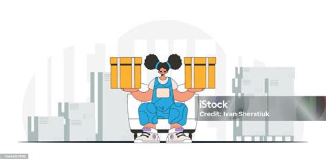 유쾌한 여자가 상자를 들고 있다 소포와 물품의 운송을 보여주는 예술 작품 가상현실에 대한 스톡 벡터 아트 및 기타 이미지 가상현실 배달 배달부 Istock