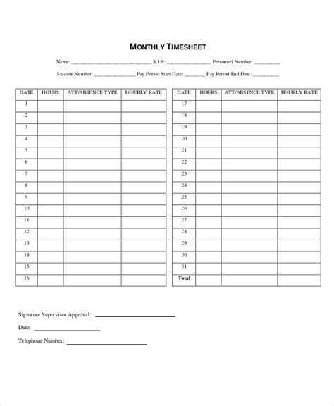 Simple Printable Monthly Timesheet Template Free Templates Printable