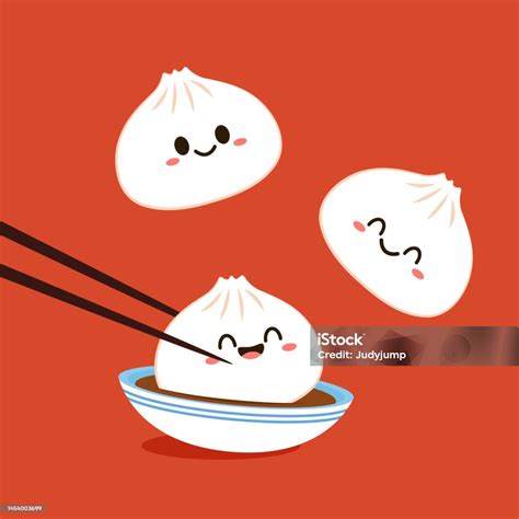 귀여운 딤섬 캐릭터 전통 중국 만두 재미있는 웃는 얼굴 카와이 아시아 음식 벡터입니다 나무 바구니 Baozi에 대한 스톡 벡터