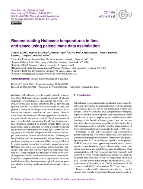 Pdf Reconstructing Holocene Temperatures In Time And Space Using Paleoclimate Data Assimilation