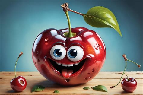 Una Cereza De Dibujos Animados Con Una Cara Sonriente Y Una Hoja En La