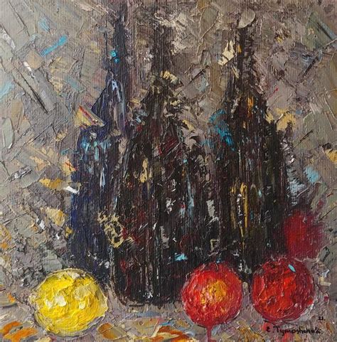 Авторская картина маслом натюрморт с бутылками 30х30 холст на подрамнике — цена 1100 грн в