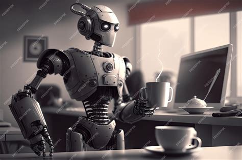 Premium Ai Image Cute Robot Assistant Bringing Cup Of Coffee To Busy Executive In Futuristic