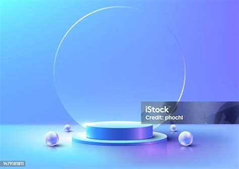3d 현실적인 빈 파란색 연단 페데스타 스탠드 장식 공 원형 투명 유리 배경 파란색 배경 강단에 대한 스톡 벡터 아트 및 기타