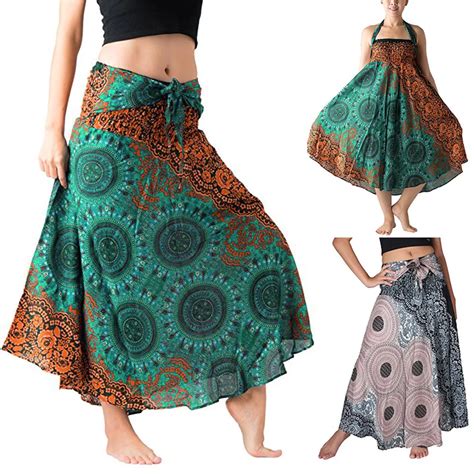 2019 Asymmetrical Ethnic Print Elastic Waist Skirt Women Long Hippie