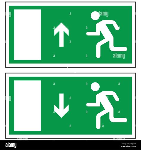 Green Emergency Exit Signs With White Running Man And Arrows Indicating Upward And Downward