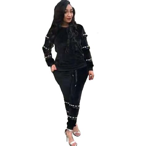 Buy Women Velvet Tracksuits 2 Piece Set Beading Top