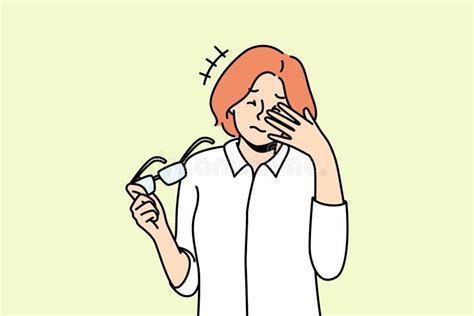 不健康的女人摘眼镜头痛 向量例证 插画 包括有 不适 偏头痛 女性 玻璃 难受 疾病 分级显示 253960940