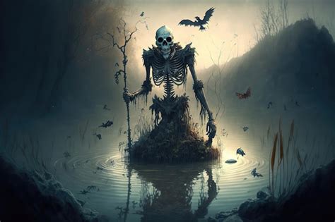 Premium Photo Evil Dead Skeleton Climbs Out Of Pond Of The Swamp