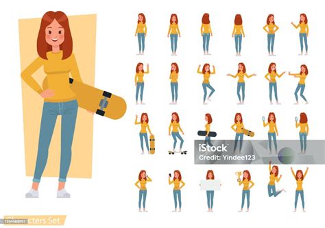 여성 세트는 노란색 셔츠 캐릭터 벡터 디자인을 착용합니다 감정 달리기 서서 걷기와 함께 다양한 액션으로 프리젠 테이션 등장인물에
