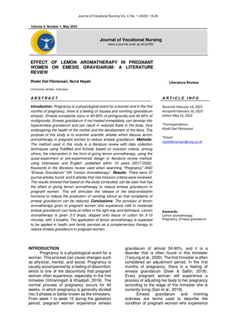 Pdf Effect Of Lemon Aromatherapy In Pregnant Women On Emesis