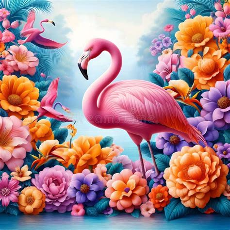 A Lively Flamingo Positioned Among Vibrant Tropical Blooms And Lush