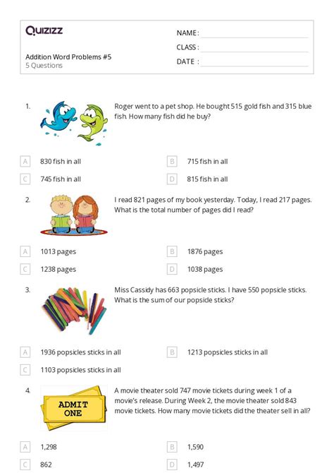 50 Addition Word Problems Worksheets For 4th Class On Quizizz Free And Printable