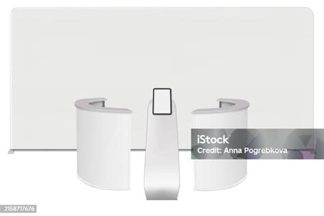 무역 박람회 부스 디스플레이 키트 사실적인 3d 벡터 모형 흰색 빈 엑스포 무역 박람회 세트 템플릿입니다 배경 배너 반 원형 테이블 카운터 태블릿 스탠드 모형 디자인용