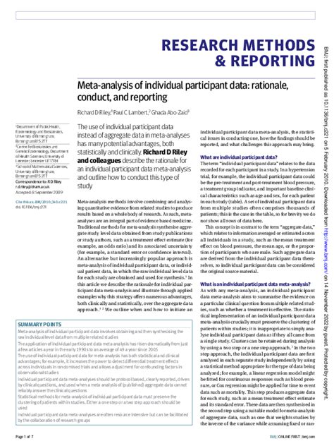 Pdf Meta Analysis Of Individual Participant Data Rationale Conduct