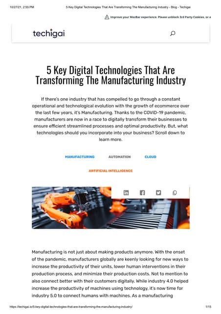 5 Key Digital Technologies That Are Transforming The Manufacturing