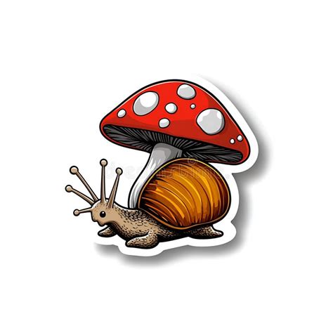 Cute Anime Snail With Mushroom Sticker Design Stock Illustration