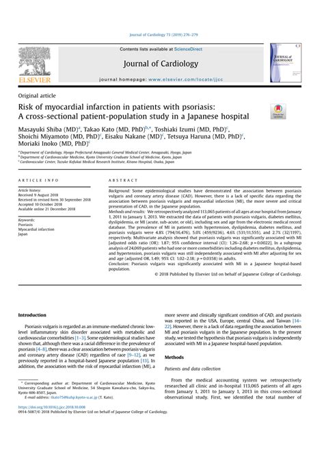 Pdf Risk Of Myocardial Infarction In Patients With Psoriasis A Cross Sectional Patient