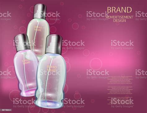 매력적인 화장품 병 항아리에 반짝 효과 배경 모형 3 차원 현실 벡터 일러스트 레이 션 디자인에 대 한 3차원 형태에 대한 스톡