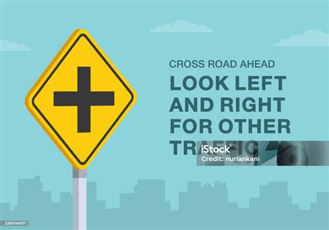 안전 운전 요령 및 교통 규제 규칙 미국의 앞으로의 교차로표지판의 근접 촬영은 의미합니다 왼쪽과 오른쪽에서 다른 교통 상황을 확인합니다 벡터 일러스트 템플릿입니다