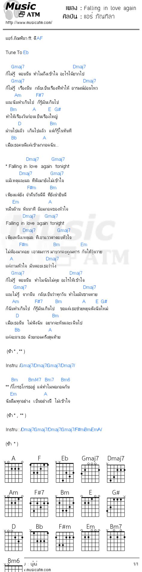 คอร์ดเพลง Falling In Love Again แอร์ ภัณฑิลา คอร์ดเพลงใหม่